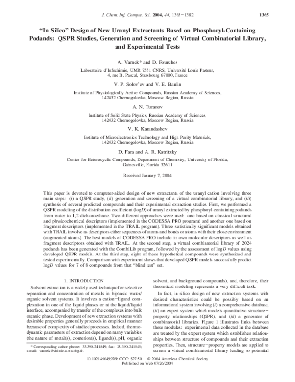 (PDF) In Silico" Design of New Uranyl Extractants Based on Phosphoryl-Containing Podands: QSPR ...