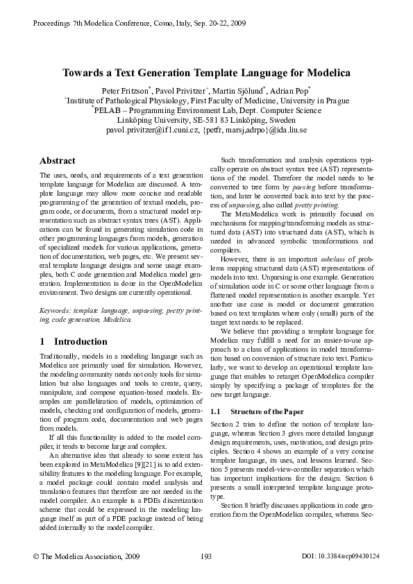 (PDF) Towards a Text Generation Template Language for Modelica