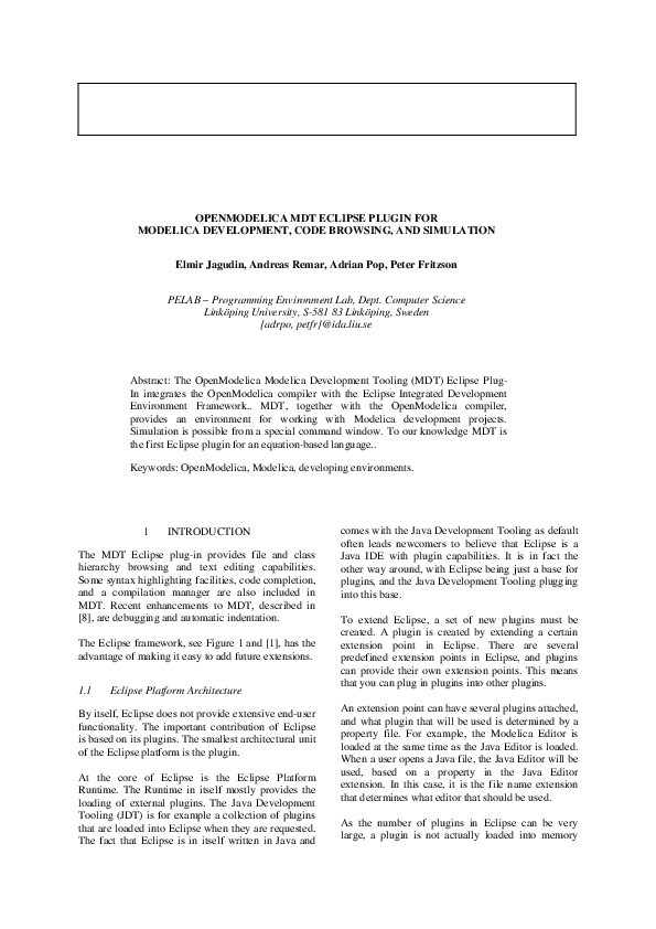 Pdf Openmodelica Mdt Eclipse Plugin For Modelica Development Code Browsing And Simulation