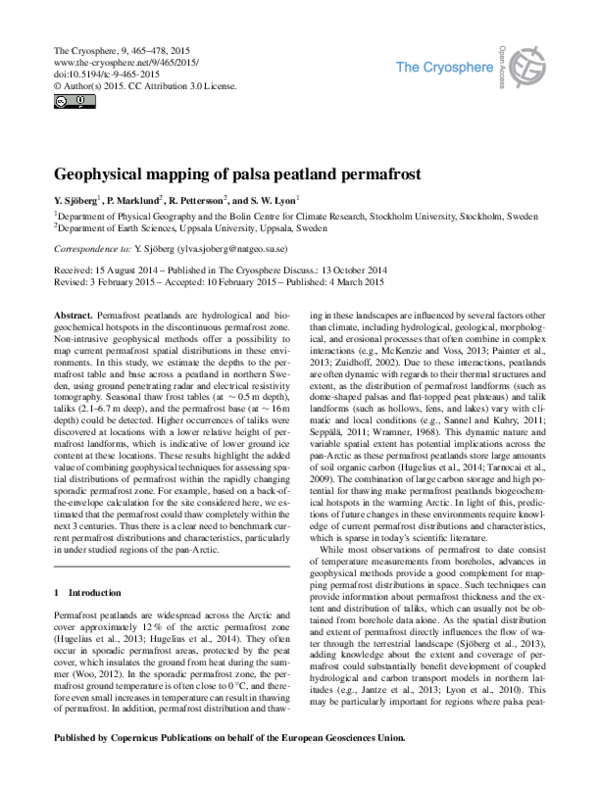 (PDF) Geophysical mapping of palsa peatland permafrost