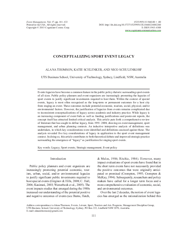(PDF) Thomson, A., Schlenker, K. and Schulenkorf, N. (2013 ...