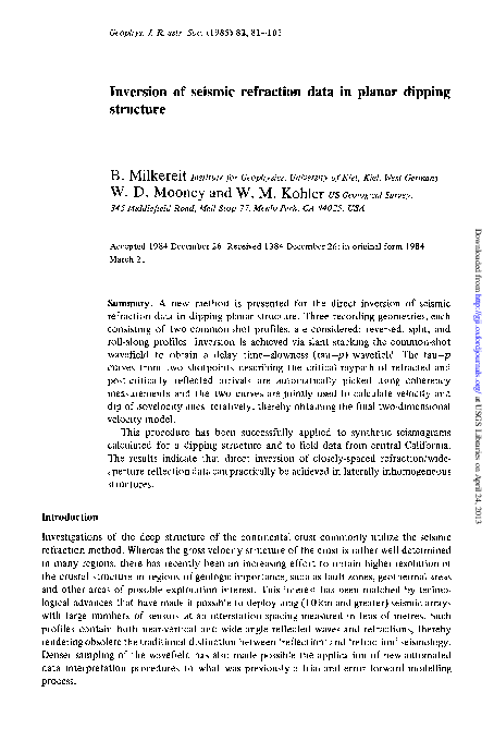 (PDF) Inversion of seismic refraction data in planar dipping structure