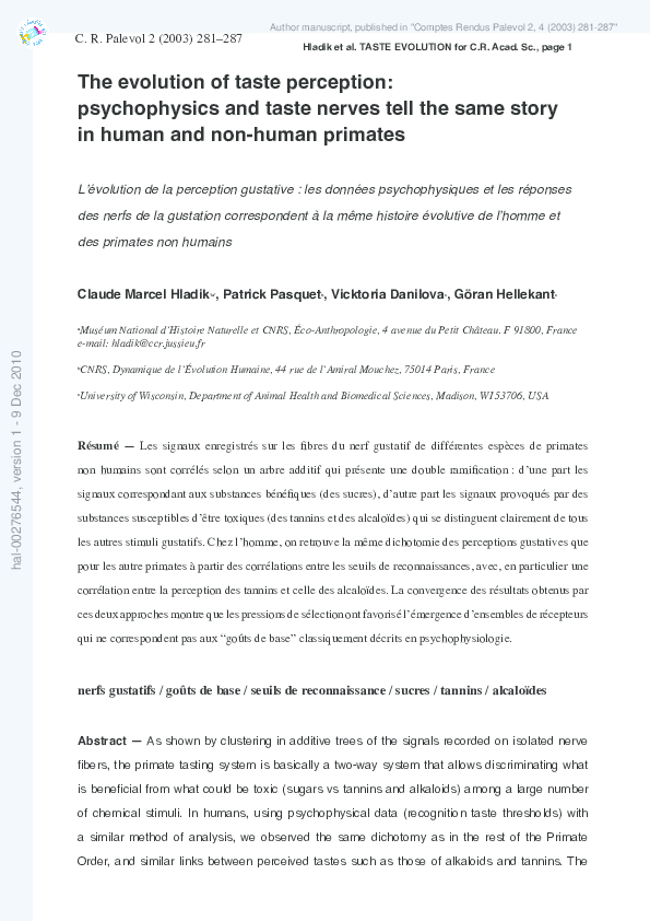 (PDF) The evolution of taste perception: psychophysics and taste nerves ...