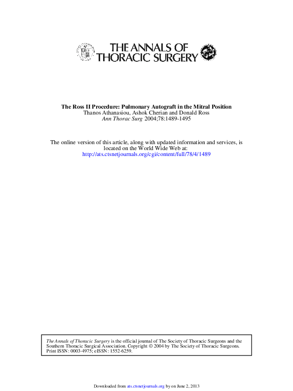 (PDF) The Ross II Procedure: Pulmonary Autograft in the Mitral Position