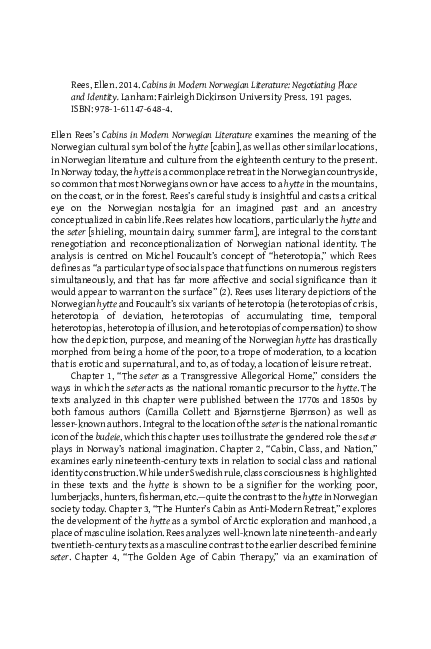 (PDF) Ellen Rees. Cabins in Modern Norwegian Literature: Negotiating ...