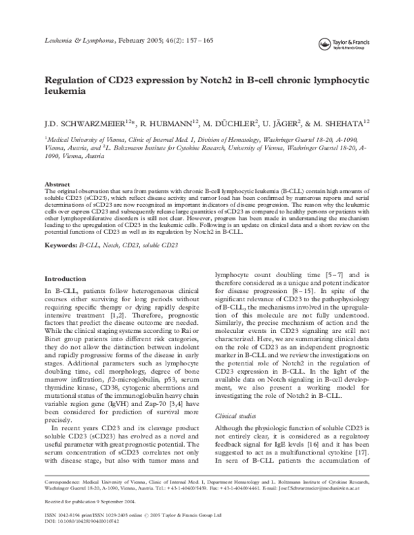 (PDF) Regulation of CD23 expression by Notch2 in B-cell chronic ...