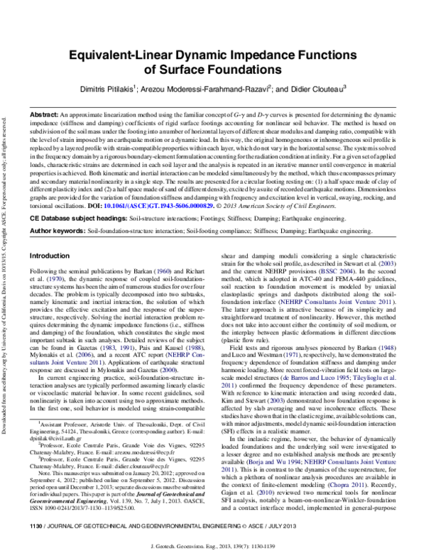Pdf Equivalent Linear Dynamic Impedance Functions Of Surface Foundations