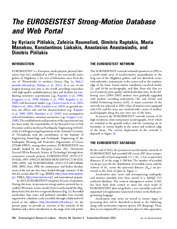 (PDF) The web portal of the Euroseistest strong ground motion database