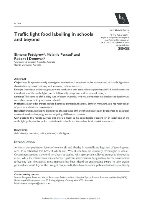 (PDF) Traffic Light Food Labelling in Schools and Beyond