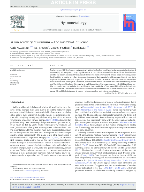 (PDF) In situ recovery of uranium – the microbial influence
