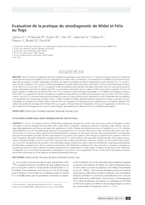 (PDF) [Evaluation of the Widal-Felix serodiagnostic test in Togo]
