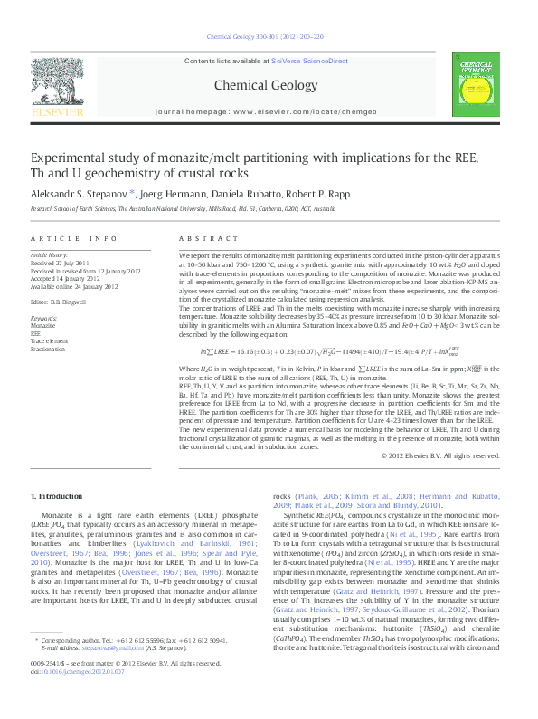 (PDF) Experimental study of monazite/melt partitioning with implications for the REE, Th and U ...