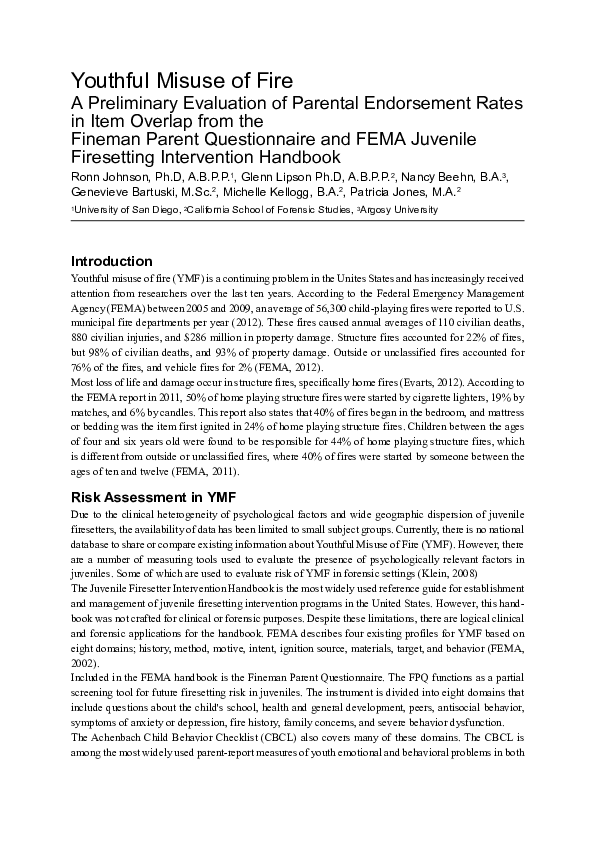 (PDF) Youthful Misuse of Fire A Preliminary Evaluation of Parental ...