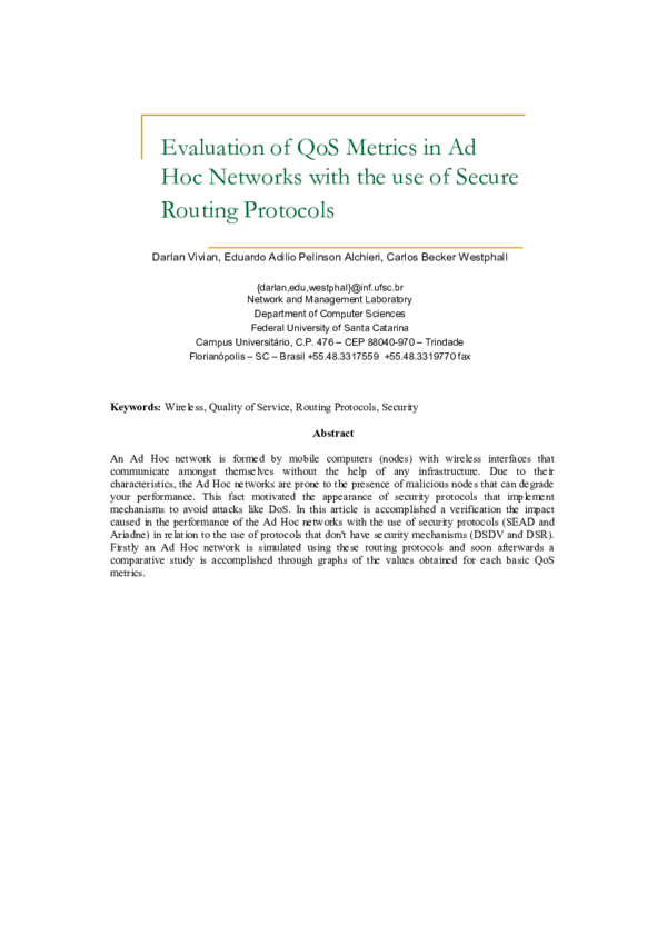 Pdf Evaluation Of Qos Metrics In Ad Hoc Networks With The Use Of Secure Routing Protocols