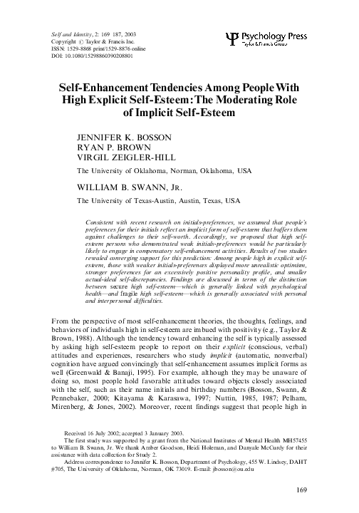 (PDF) Self-Enhancement Tendencies Among People With High Explicit Self-Esteem: The Moderating ...