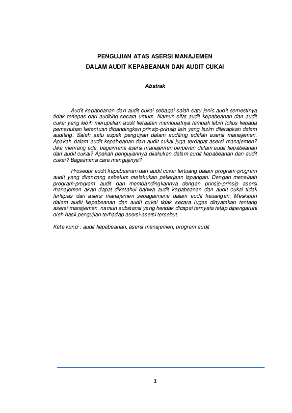 (PDF) 2013 PENGUJIAN ATAS ASERSI MANAJEMEN DALAM AUDIT KEPABEANAN DAN AUDIT CUKAI