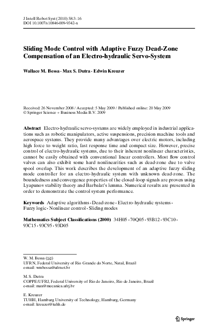 (PDF) Sliding Mode Control with Adaptive Fuzzy Dead-Zone Compensation of an Electro-hydraulic ...