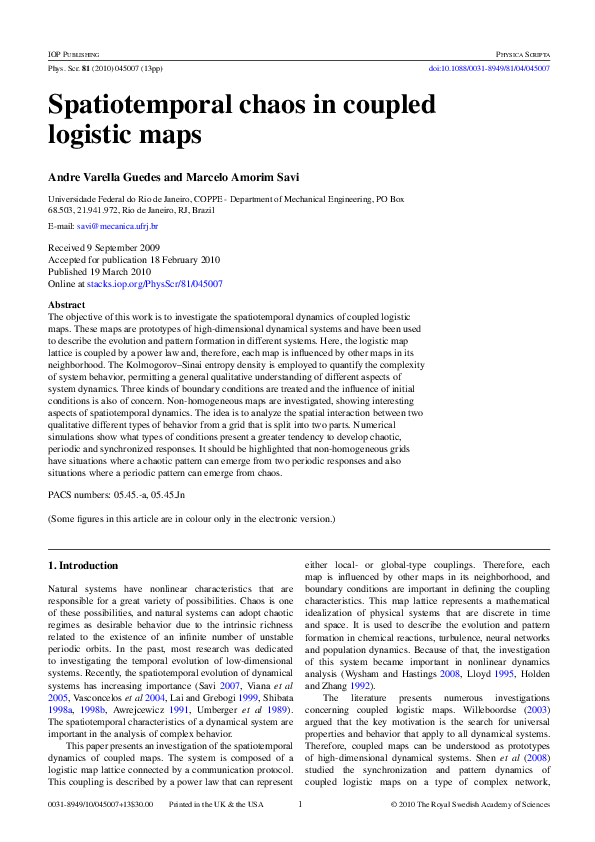 Pdf Spatiotemporal Chaos In Coupled Logistic Maps Marcelo Savi