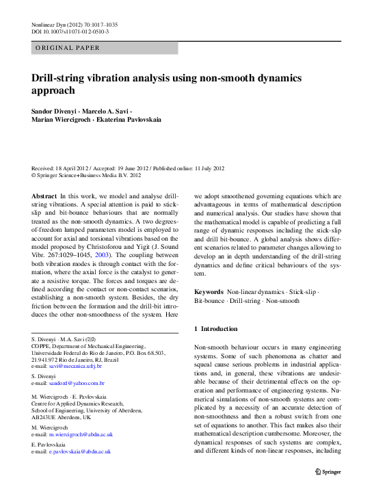 Pdf Drill String Vibration Analysis Using Non Smooth Dynamics Approach