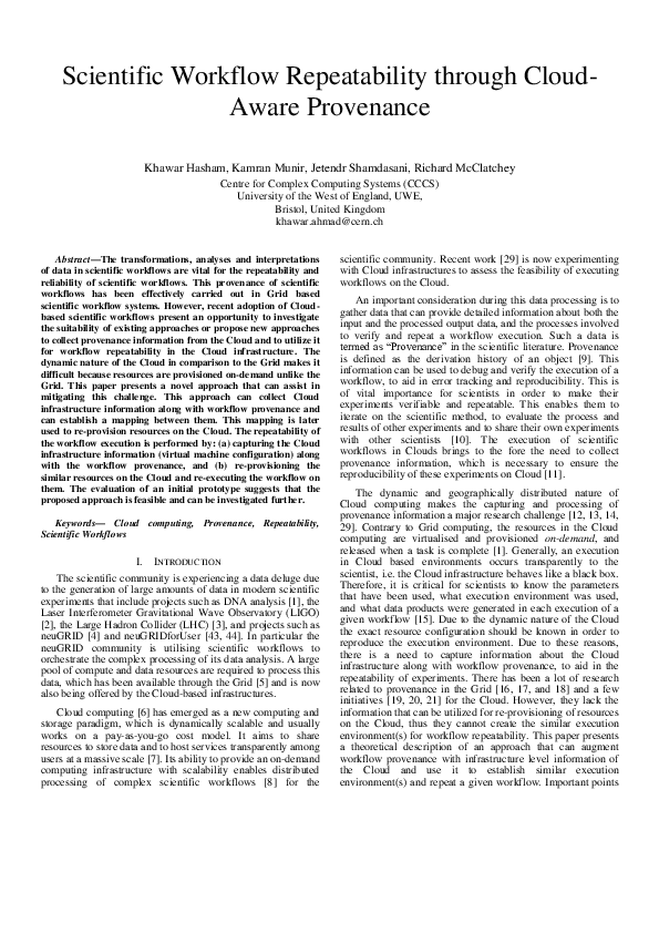 (PDF) Scientific Workflow Repeatability through Cloud-Aware Provenance