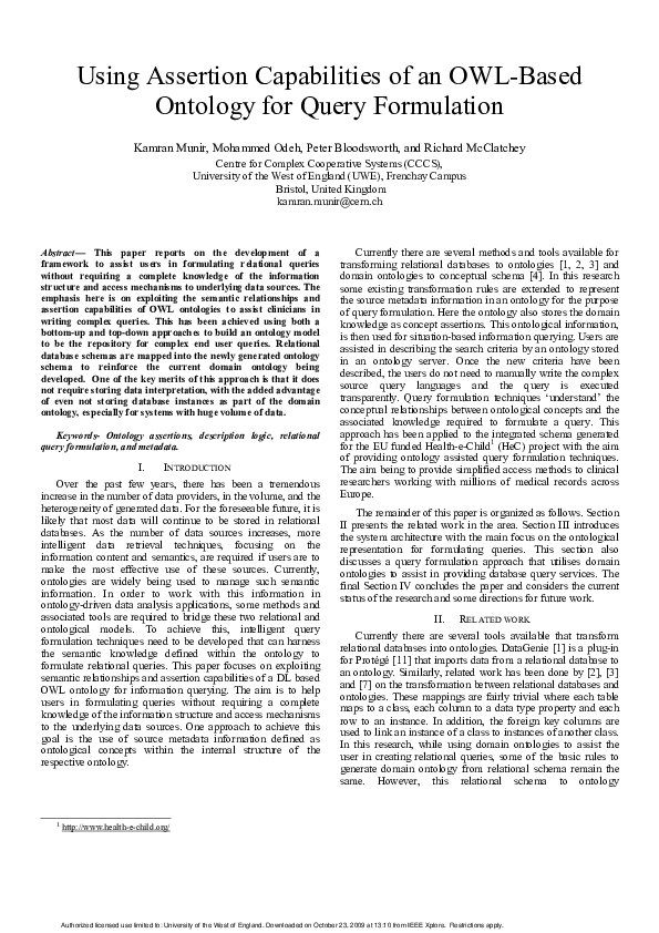 Pdf Using Assertion Capabilities Of An Owl Based Ontology For Query Formulation