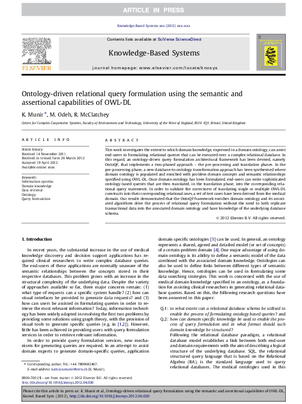 Pdf Ontology Driven Relational Query Formulation Using The Semantic