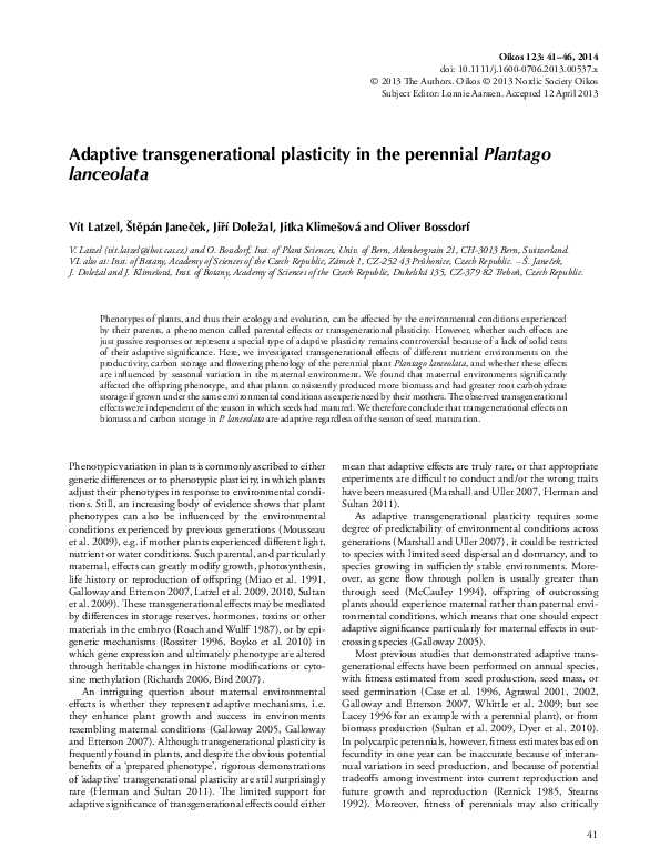 (PDF) Adaptive transgenerational plasticity in the perennial Plantago ...
