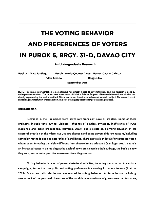 (PDF) The Voting Behavior and Preferences of Voters in Purok 5, Brgy.31-D, Davao City