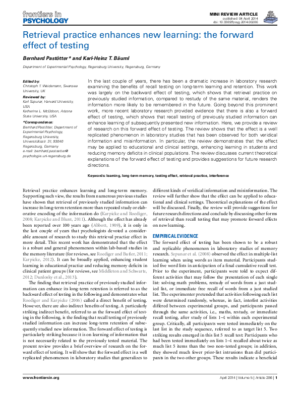 (PDF) Retrieval practice enhances new learning: the forward effect of ...