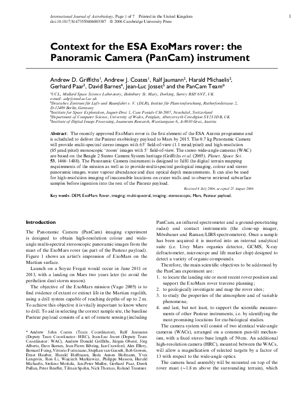 (PDF) Context for the ESA ExoMars rover: the Panoramic Camera (PanCam) instrument