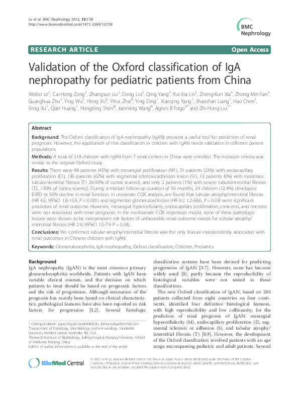 (PDF) Validation of the Oxford classification of IgA nephropathy for pediatric patients from China