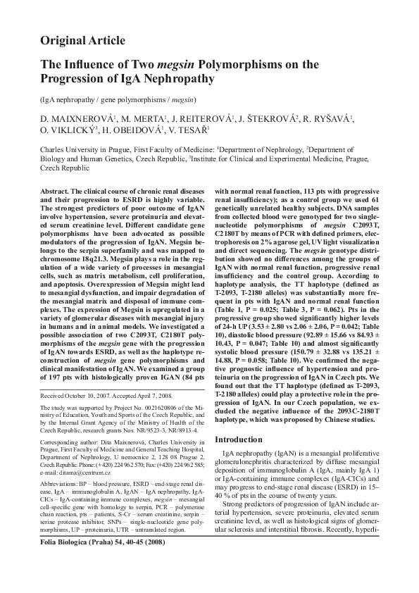 (PDF) The influence of two megsin polymorphisms on the progression of IgA nephropathy