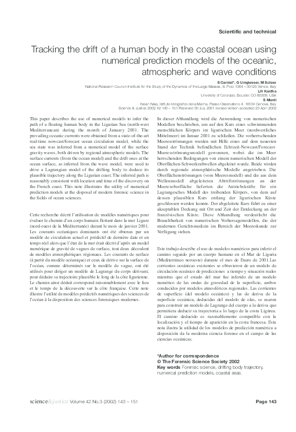 Pdf Tracking The Drift Of A Human Body In The Coastal Ocean Using Numerical Prediction Models