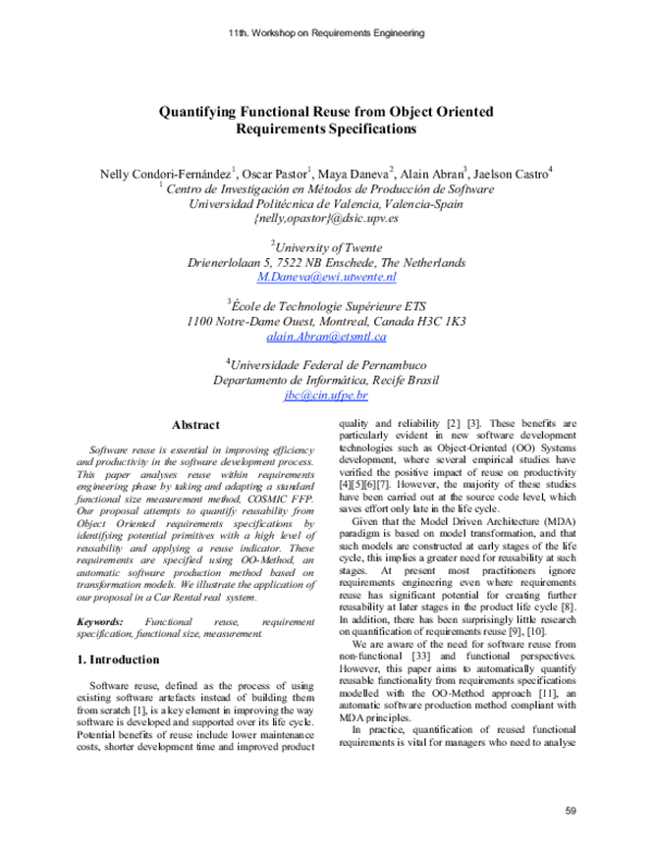(PDF) Quantifying Functional Reuse from Object Oriented Requirements Specifications