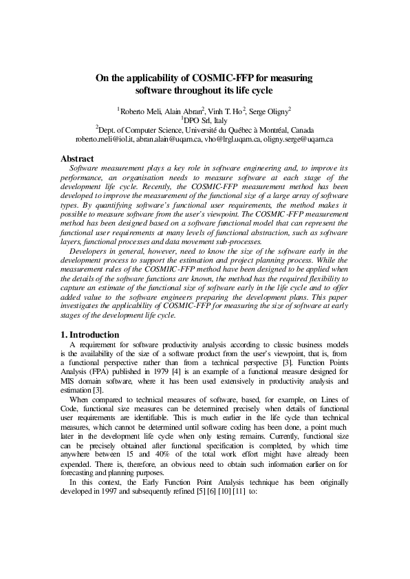 (PDF) On the applicability of COSMIC-FFP for measuring software throughout its life cycle