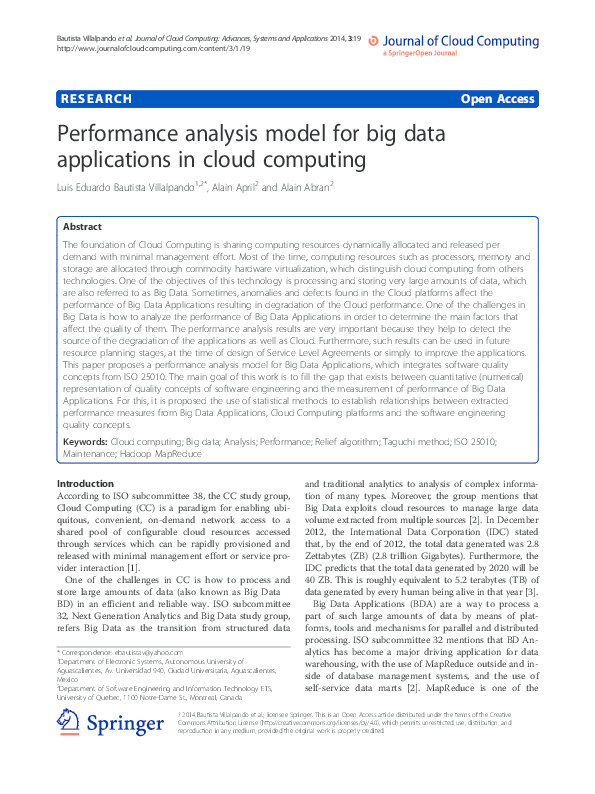 Pdf Performance Analysis Model For Big Data Applications In Cloud Computing
