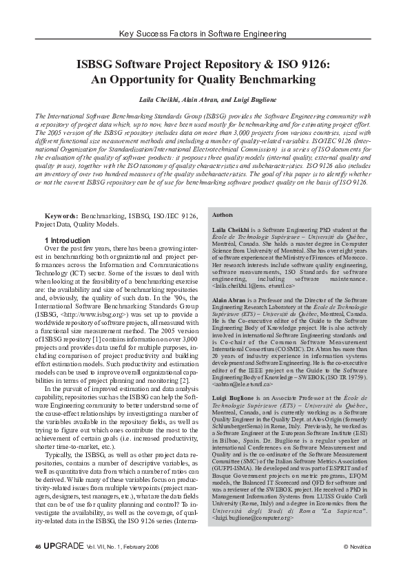 (PDF) ISBSG Software Project Repository & ISO 9126: An Opportunity for Quality Benchmarking
