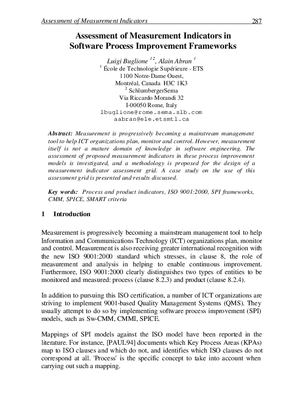 (PDF) Assessment of Measurement Indicators in Software Process Improvement Frameworks