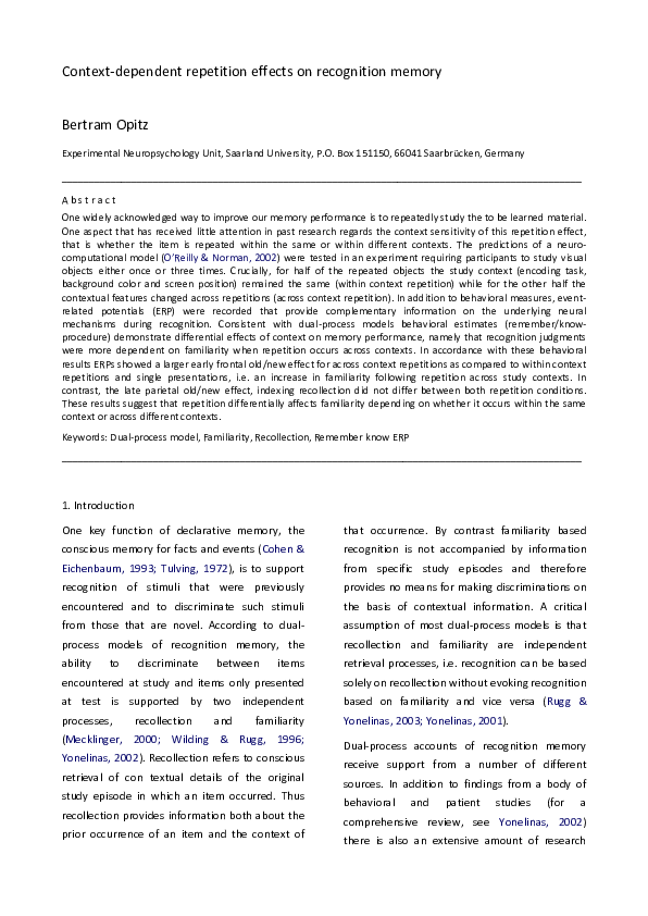 (PDF) Context-dependent repetition effects on recognition memory