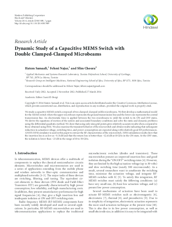 (PDF) Dynamic Study of a Capacitive MEMS Switch with Double Clamped-Clamped Microbeams