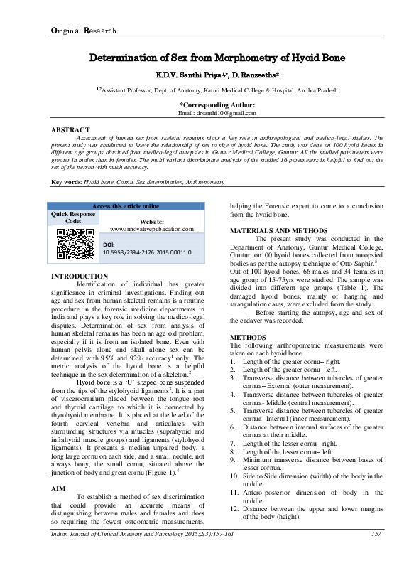 Pdf Determination Of Sex From Morphometry Of Hyoid Bone