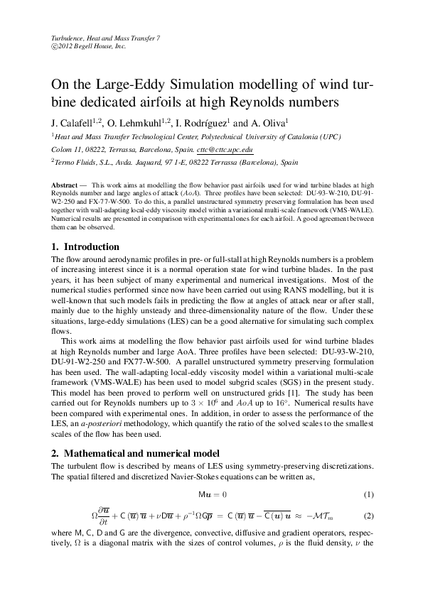 Pdf On The Large Eddy Simulation Modelling Of Wind Turbine Dedicated Airfoils At High Reynolds
