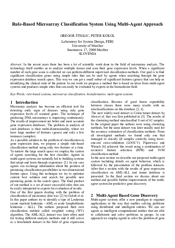 Rule Based Microarray Classification System Using Multi Agent Approach