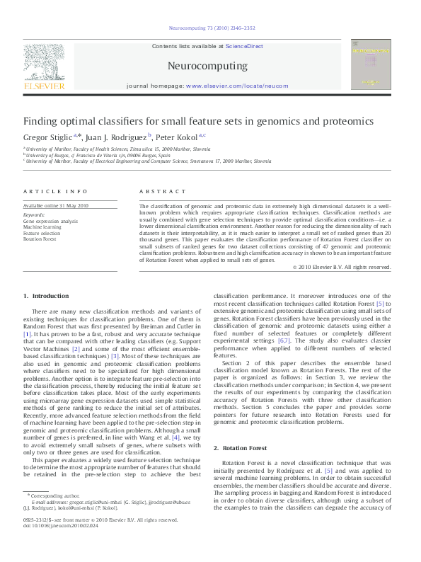 (PDF) Finding optimal classifiers for small feature sets in genomics and proteomics