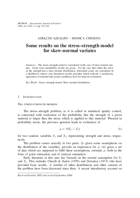 (PDF) Some results on the stress–strength model for skew-normal variates
