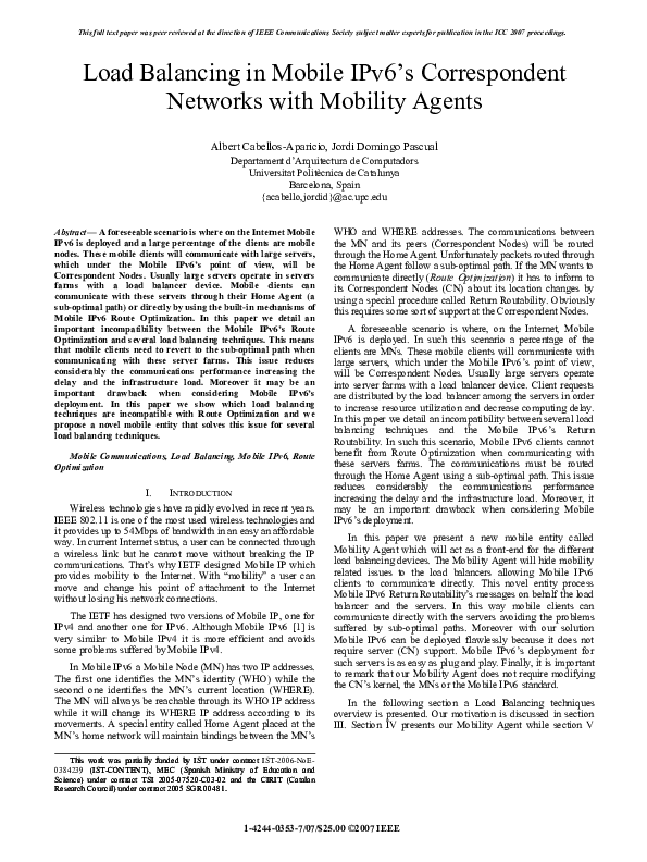 (PDF) Load Balancing in Mobile IPv6's Correspondent Networks with Mobility Agents