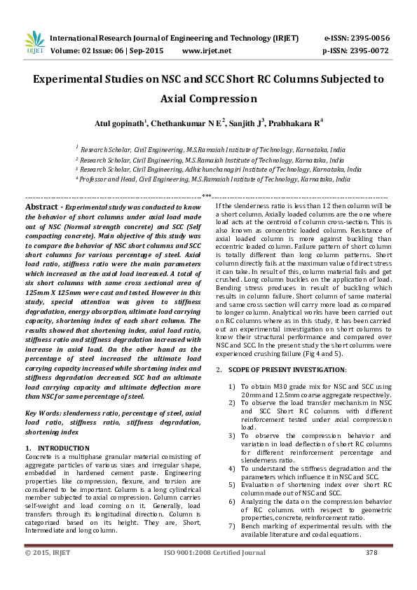 (PDF) Experimental Studies on NSC and SCC Short RC Columns Subjected to Axial Compression