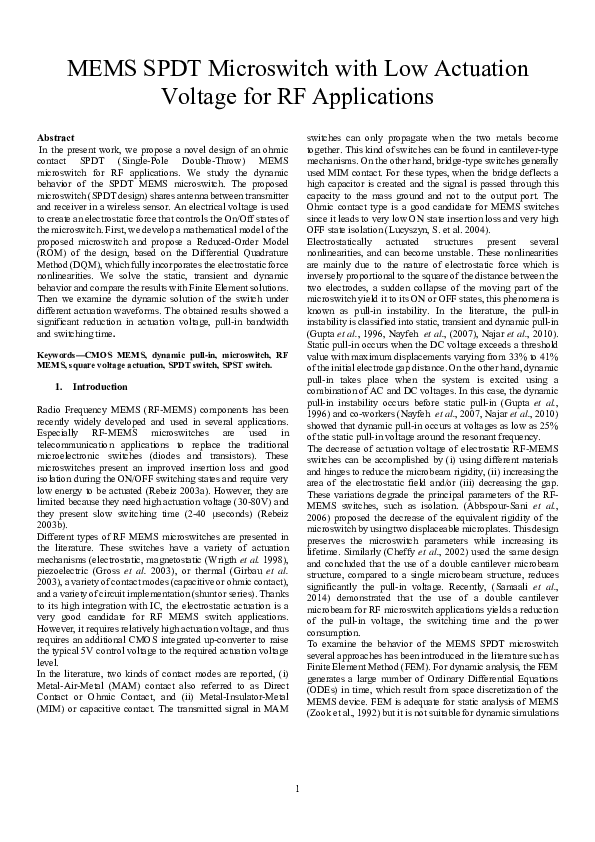 Pdf Mems Spdt Microswitch With Low Actuation Voltage For Rf Applications