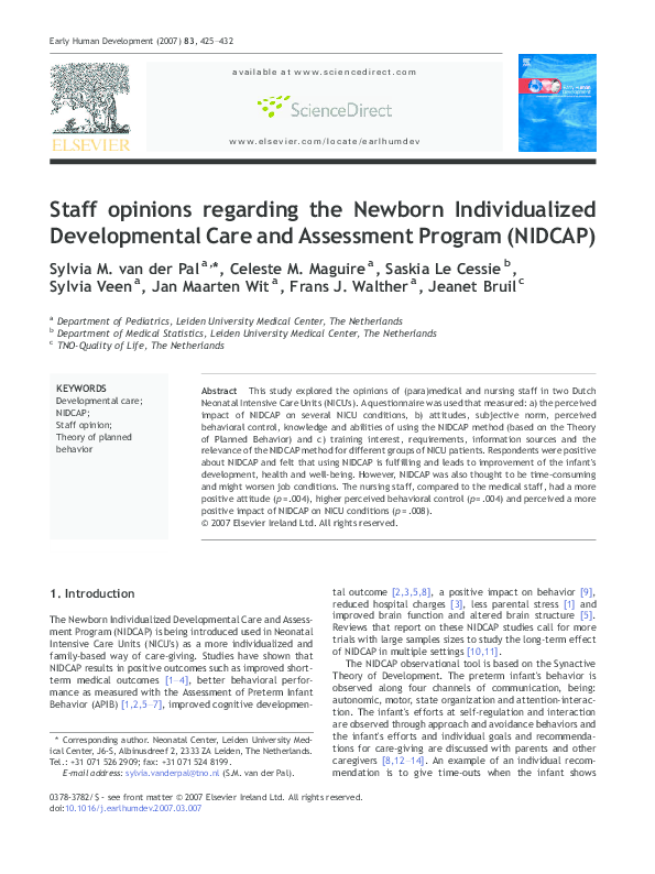(PDF) Staff opinions regarding the Newborn Individualized Developmental ...