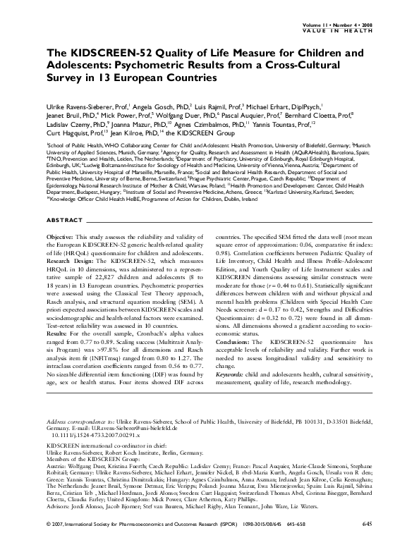(PDF) The KIDSCREEN-52 Quality of Life Measure for Children and ...